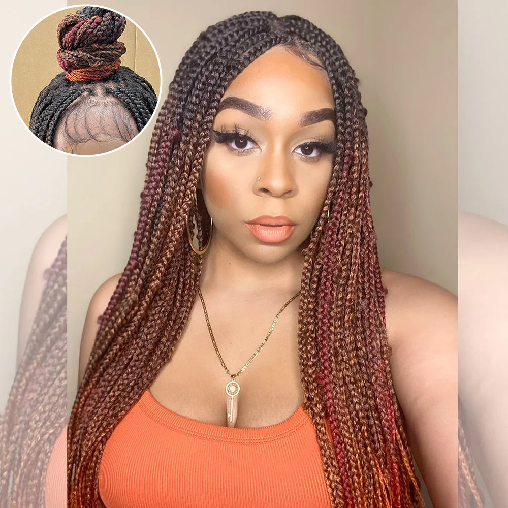 Tedhair 28 Inches 4x4 Black to Orange Ends Box Braids Lace Closure Wig ...